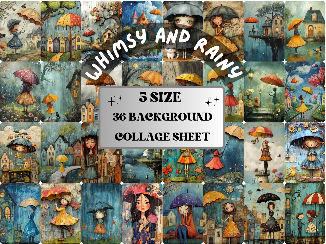 Whimsy Rainy Day Collage Paper Kit, Surreal Rainy Mixed Media Sheet ...