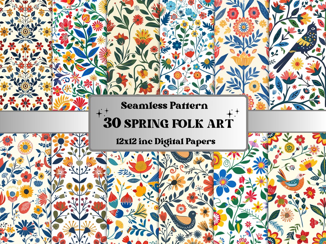 Seamless Scandinavian Spring Digital Paper, Spring Folk Art Seamless ...