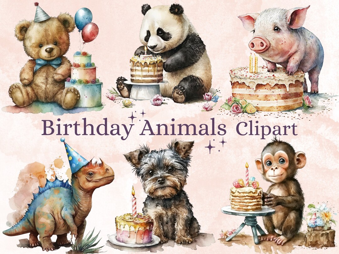 28 PNG Watercolour Birthday Animals Clipart, Funny Birthday Party ...