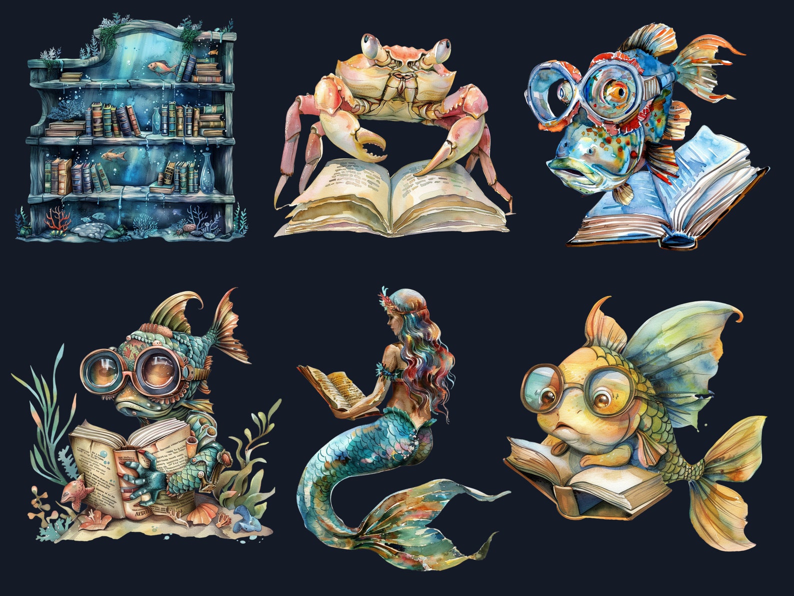 30 PNG Watercolor Under the Sea Reading Clipart, Ocean Books Clip Art ...