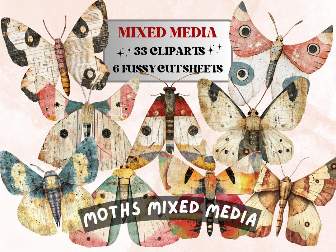 Whimsical Moths Mixed Media Clipart, Whimsy Butterfly Fussy Cut Collage ...