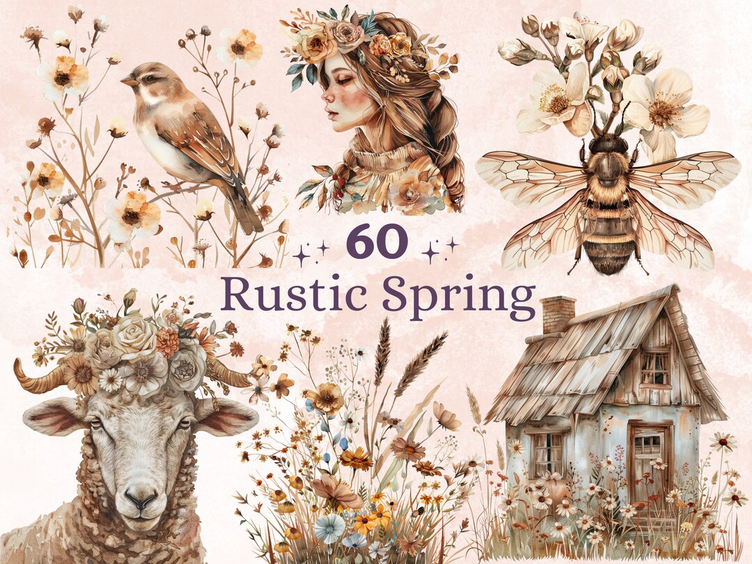 60 PNG Watercolor Rustic Spring Clipart, Boho Floral Spring Bohemian ...