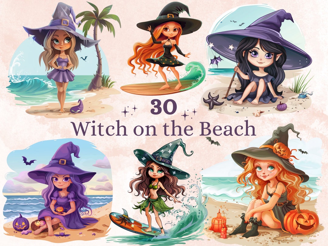 30 PNG Witch on the Beach Sublimation, Little Witch Png, Watercolor ...
