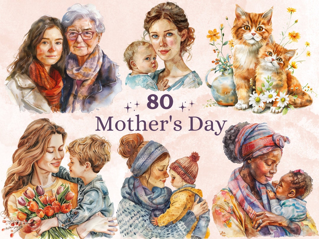 80 PNG Watercolor Mother's Day Bundle Clipart, Motherhood Love ...