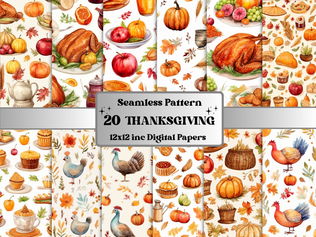 Seamless Watercolor Thanksgiving Digital Paper Pack, Pumpkin Harvest ...