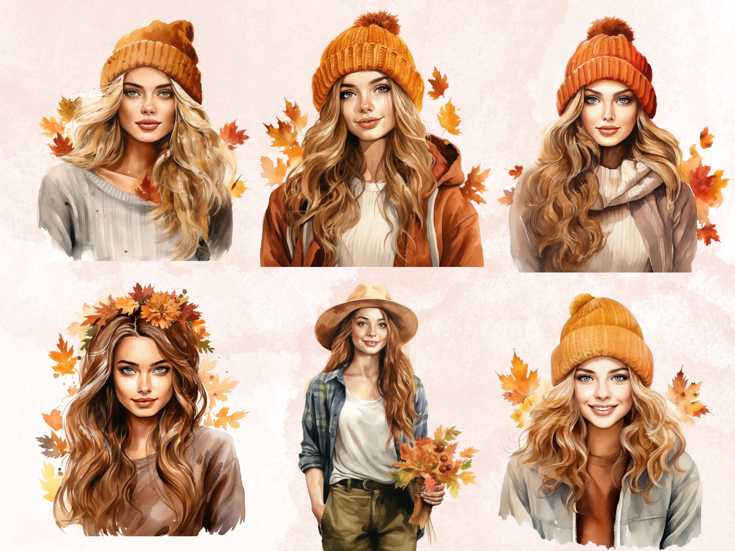 35 PNG Watercolor Fall Beauties Clipart Bundle, Cozy Autumn Lady ...