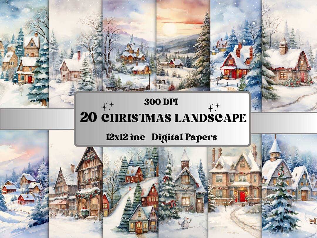Printable Watercolor Christmas Landscape Digital Paper, Christmas ...
