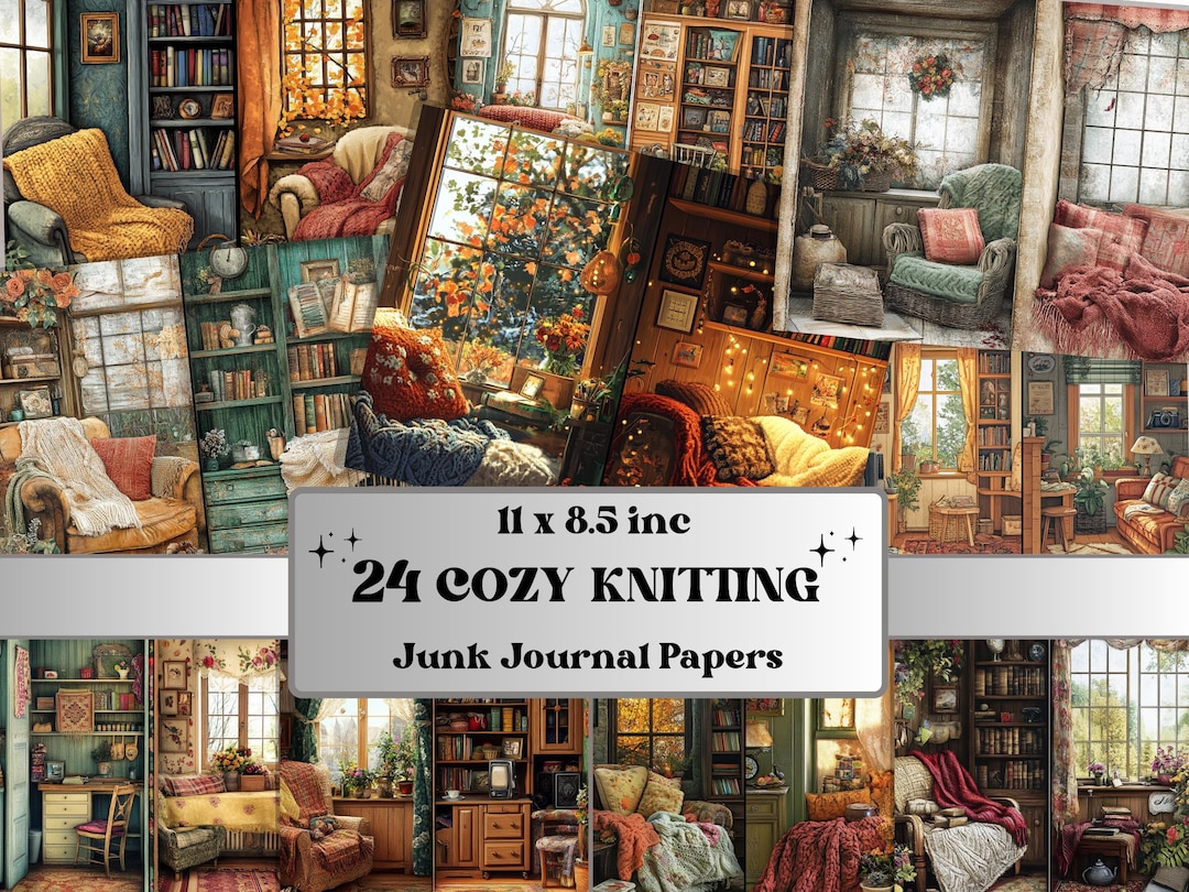 Cozy Knitting Corner Junk Journal Kit, Comfy Knitting Scenes Pages ...