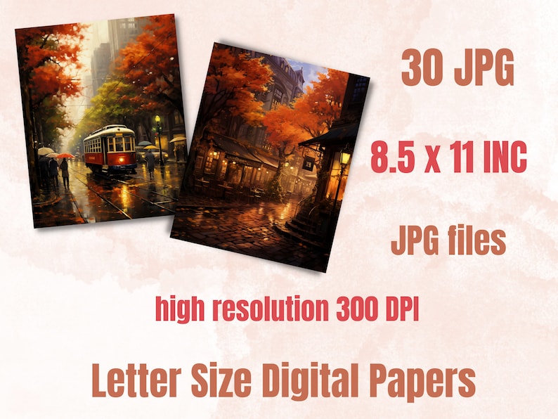Printable Cozy Fall City Digital Paper, Rainy Day Autumn Background ...