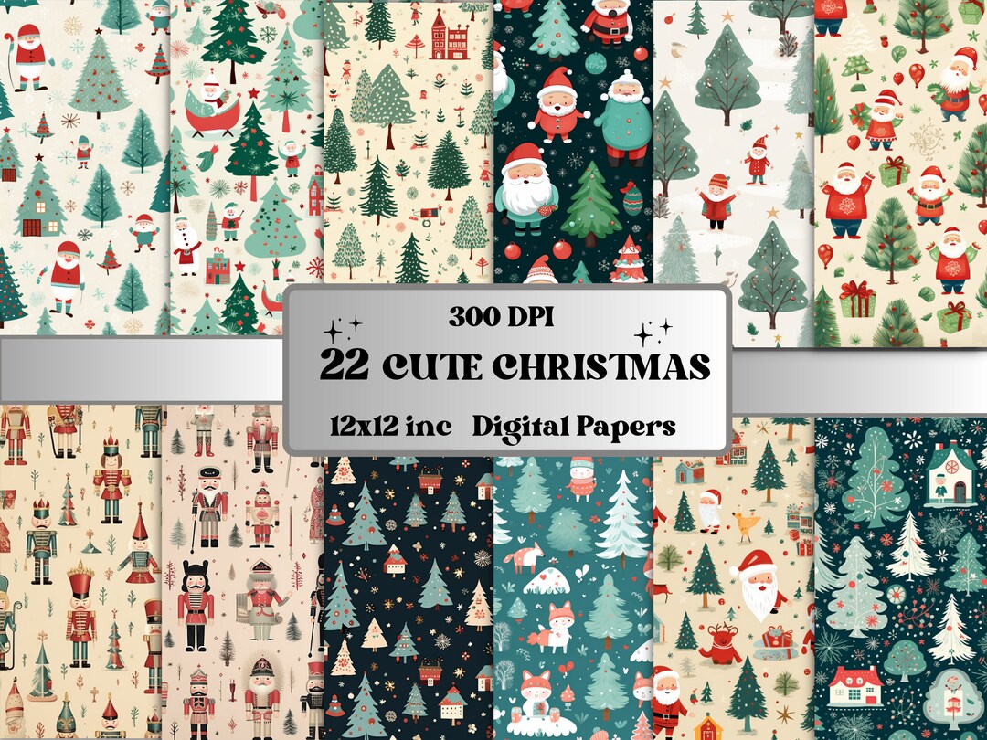 Printable Cute Christmas Digital Paper, Kawaii Christmas Ephemera ...