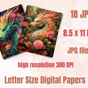 Printable Fantasy Floral Dragons Digital Paper, Rainbow Dragon Digital ...