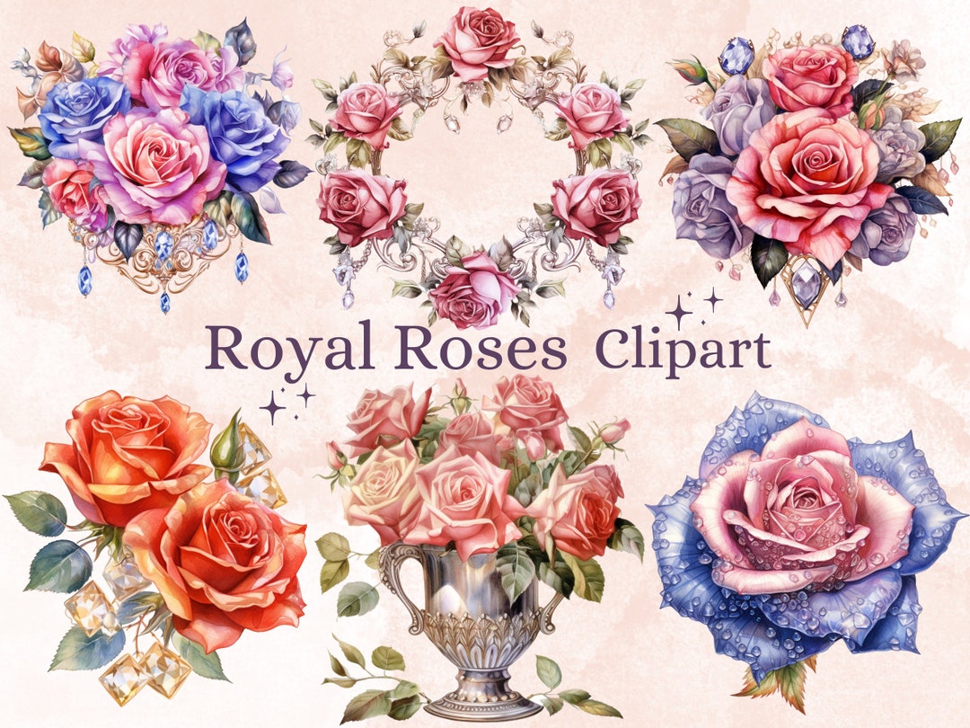 32 PNG Watercolor Royal Roses Clipart Bundle, Jewelled Rose PNG Clip ...