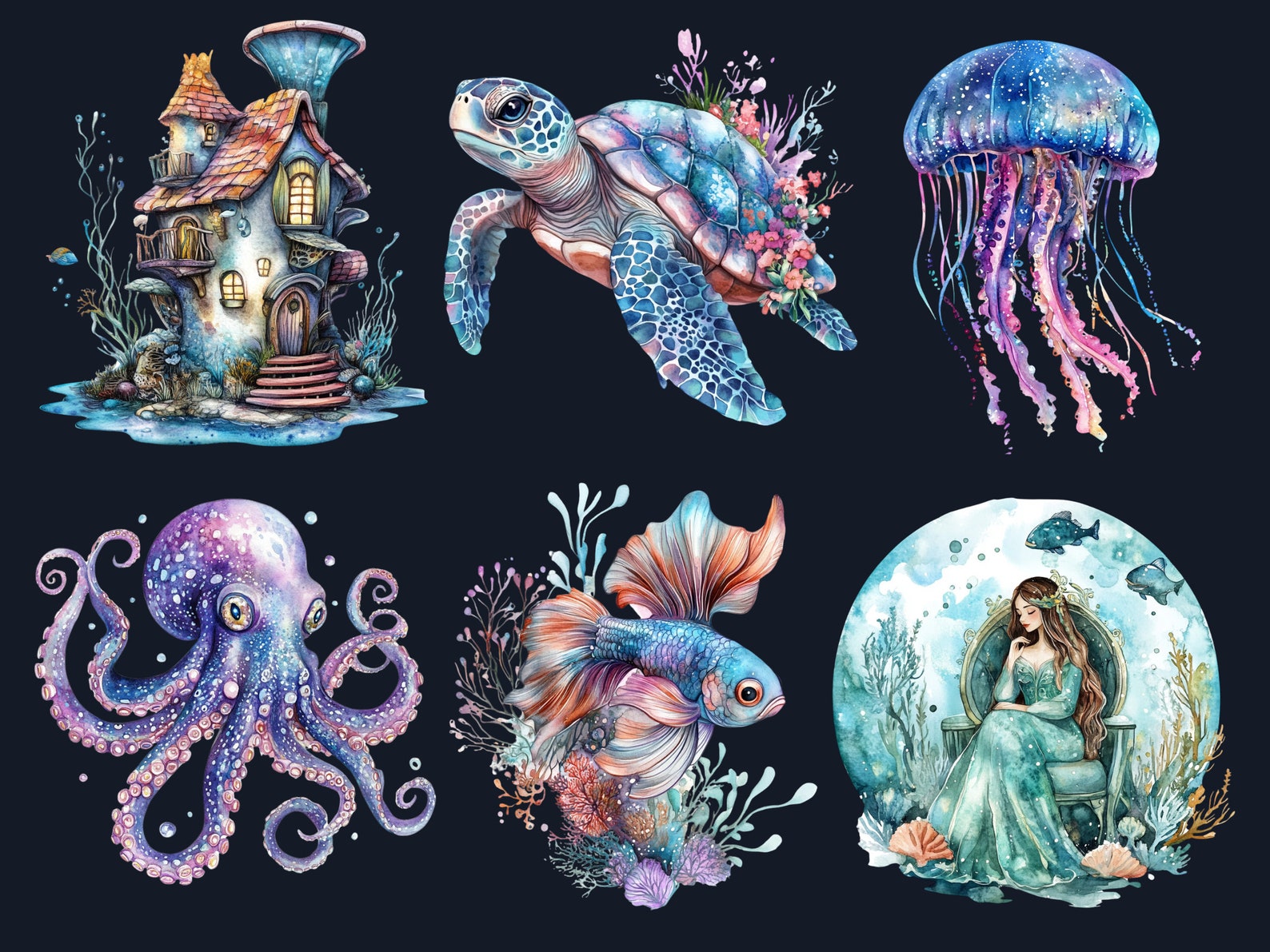 30 PNG Watercolor Magical Underwater Clipart, Ocean Fairytale Clip Art ...