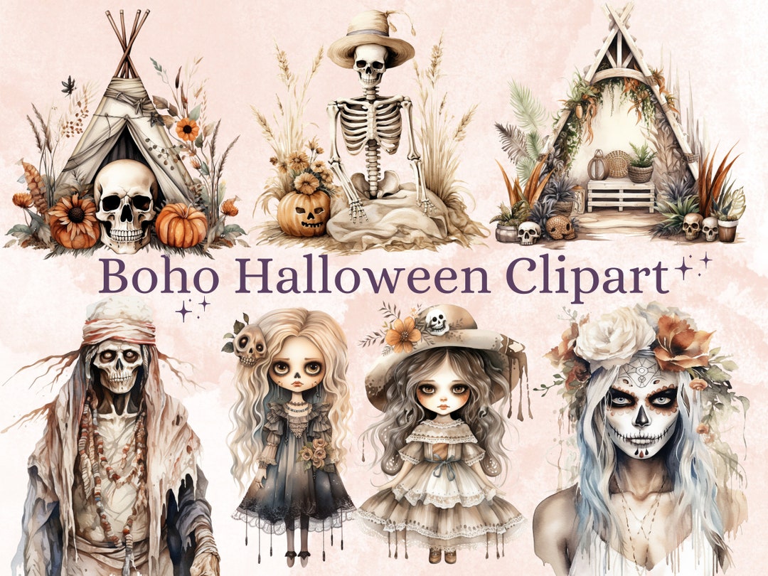 60 PNG Watercolor Boho Halloween Bundle Clipart, Bohemian Halloween ...