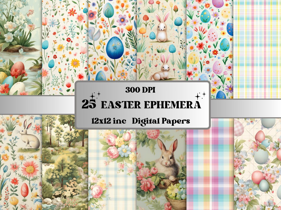 Printable Spring Easter Digital Paper, Floral Ephemera Collage, Easter ...