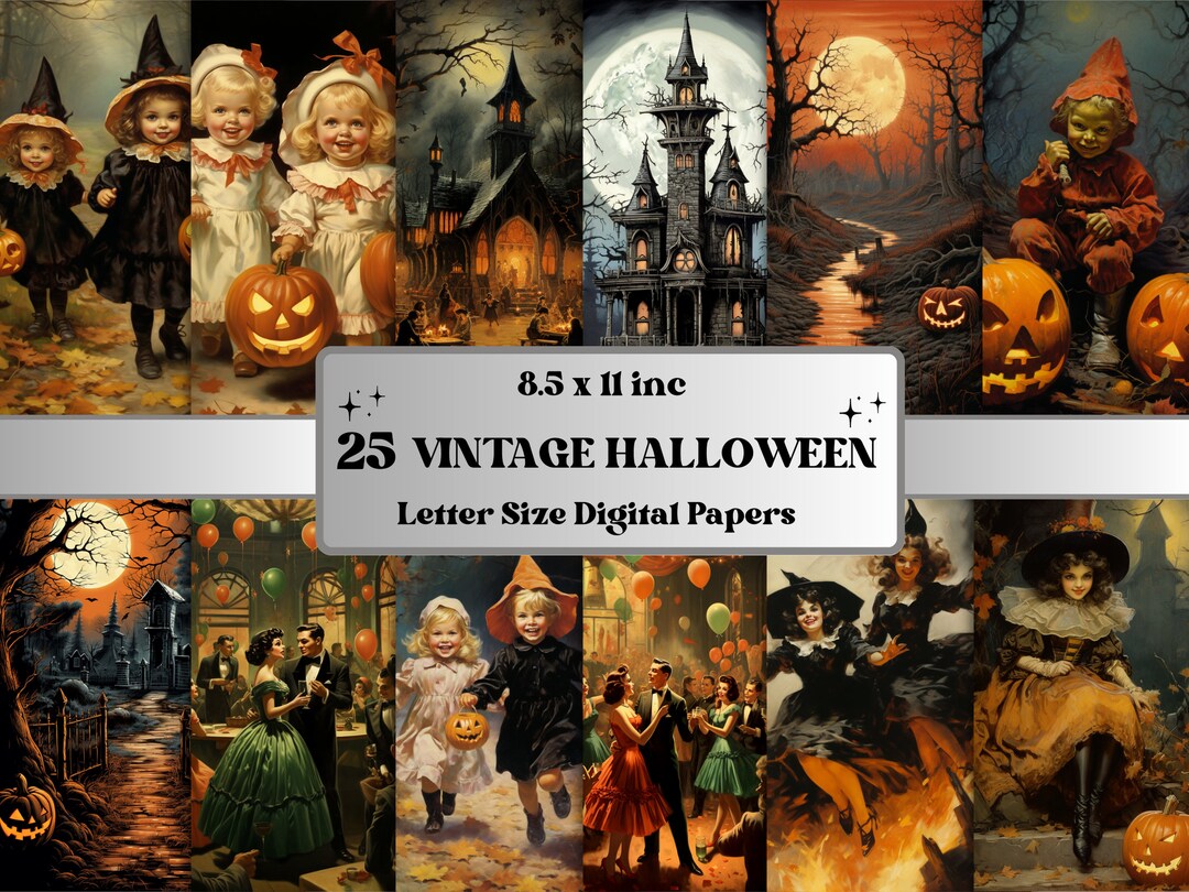 Printable Vintage Halloween Digital Paper, Retro Halloween Ephemera ...