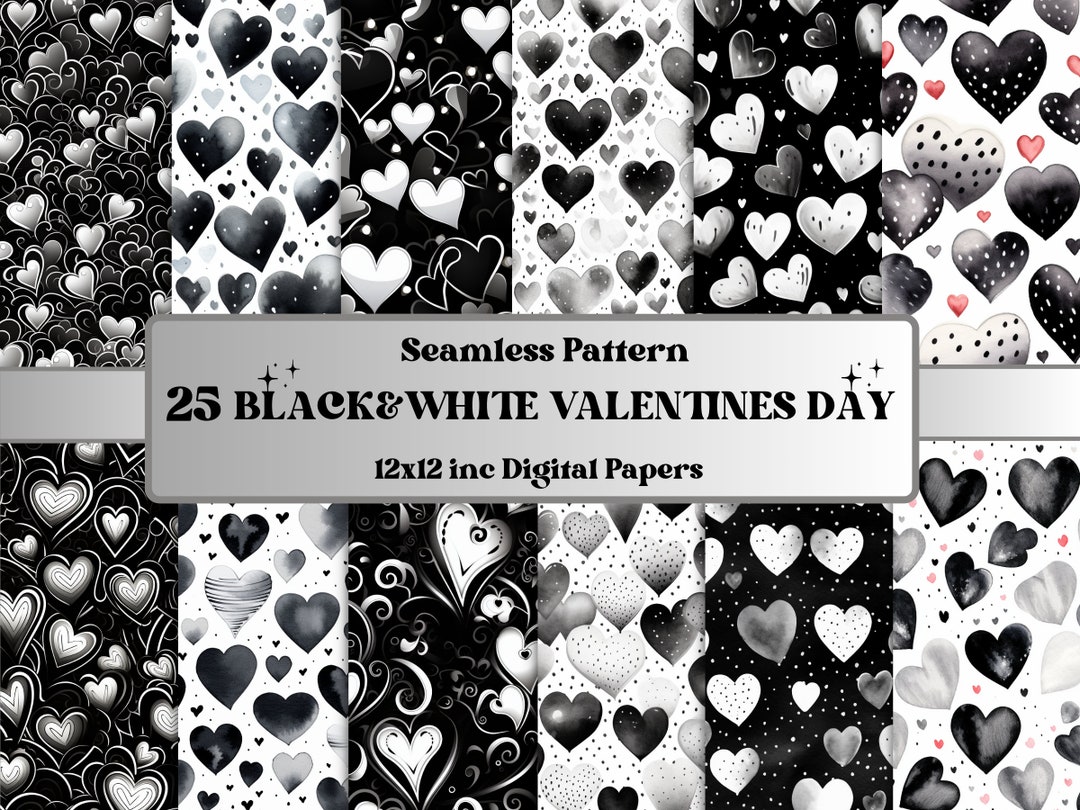 Seamless Black White Valentine's Day Digital Paper, Romantic Valentine ...