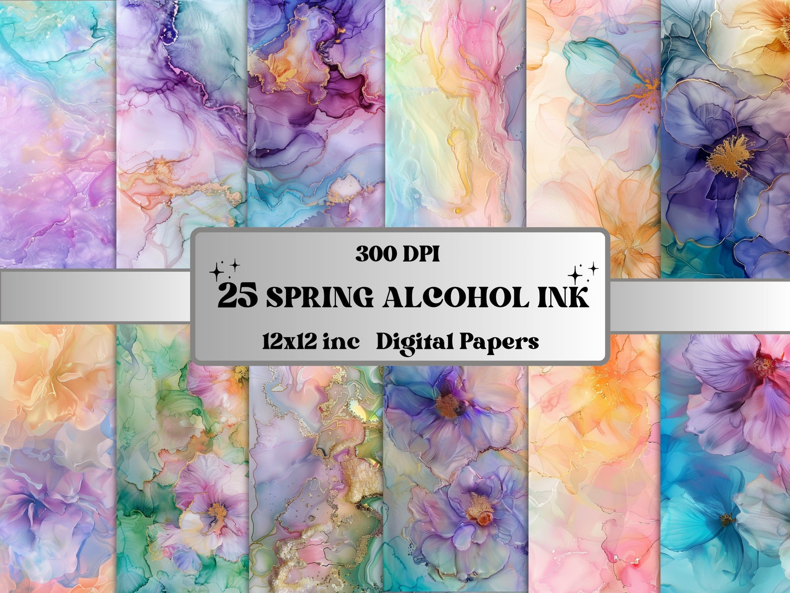 Spring Alcohol Ink Digital Paper Pack, Pastel Alcohol Ink Flowers ...