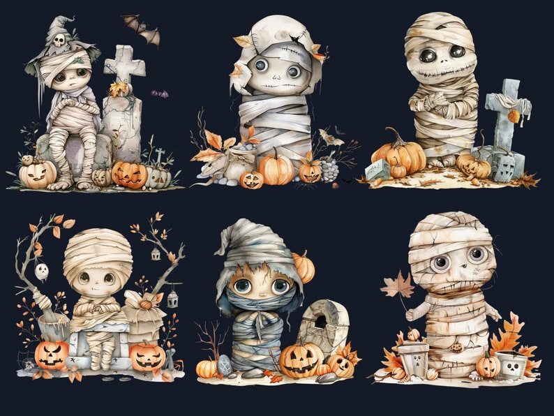 30 PNG Watercolor Halloween Mummy Clipart, Cute Creepy Halloween ...