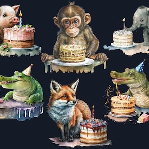 28 PNG Watercolour Birthday Animals Clipart, Funny Birthday Party ...