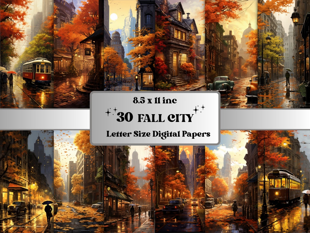 Printable Cozy Fall City Digital Paper, Rainy Day Autumn Background ...