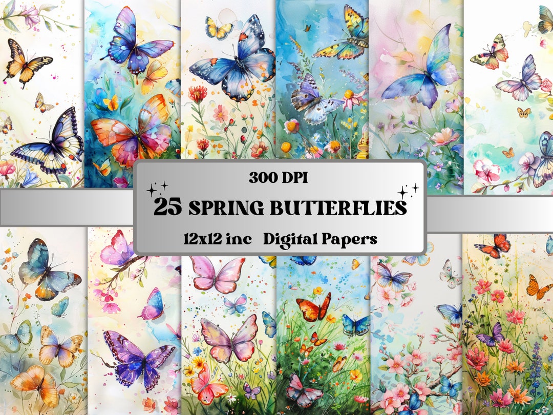 Watercolor Spring Butterflies Digital Paper, Floral Butterfly Junk ...