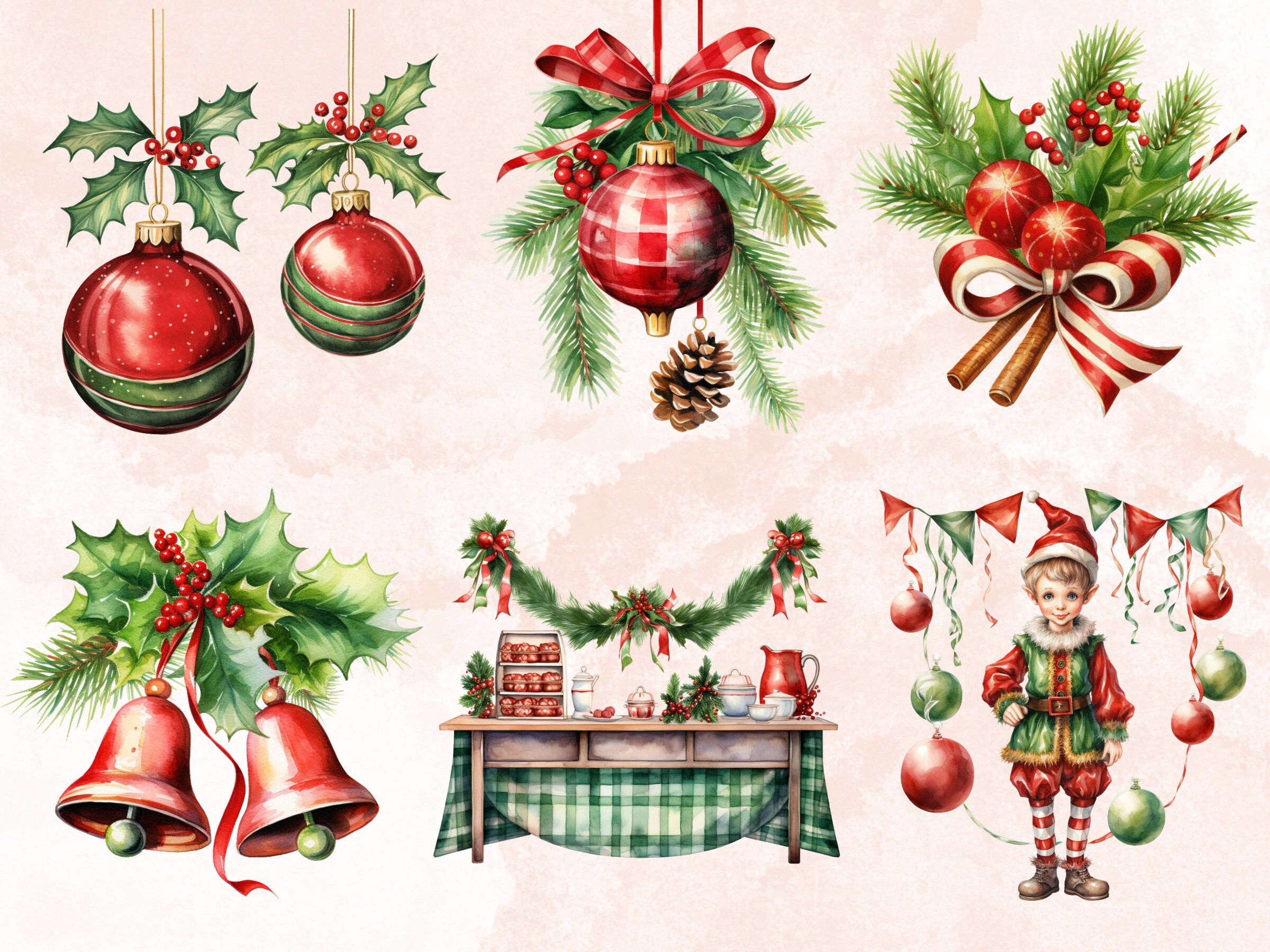 45 PNG Watercolour Red Green Christmas Clipart, Classic Christmas ...