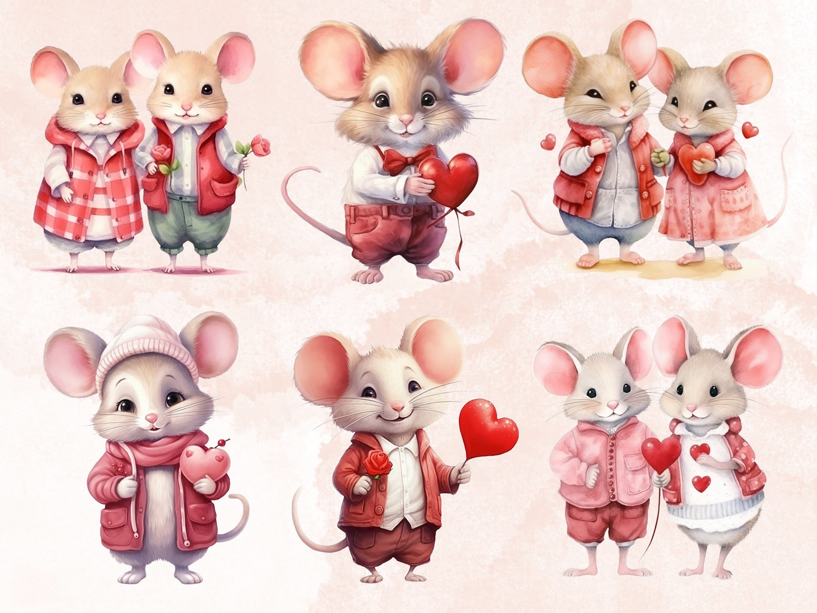 40 PNG Watercolor Valentine's Day Mice Clipart, Lovely Valentines Day ...