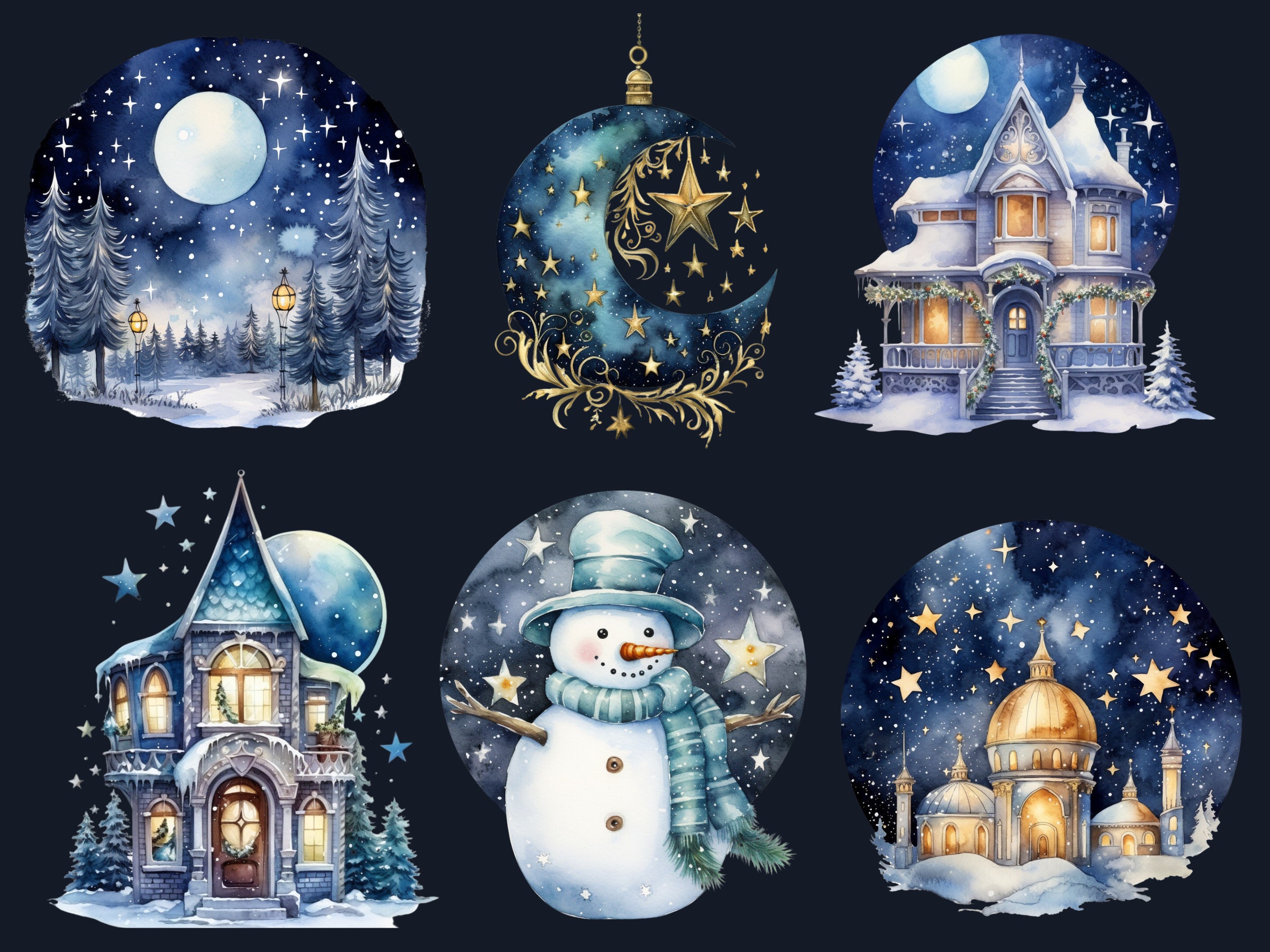 50 PNG Watercolour Celestial Christmas Clipart, Fantasy Christmas Sky ...