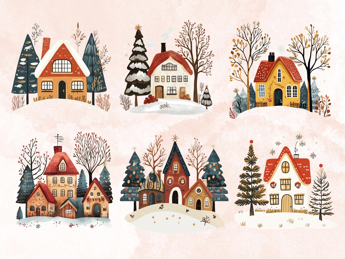 30 PNG Scandinavian Christmas House Clipart, Christmas House Folk Art ...