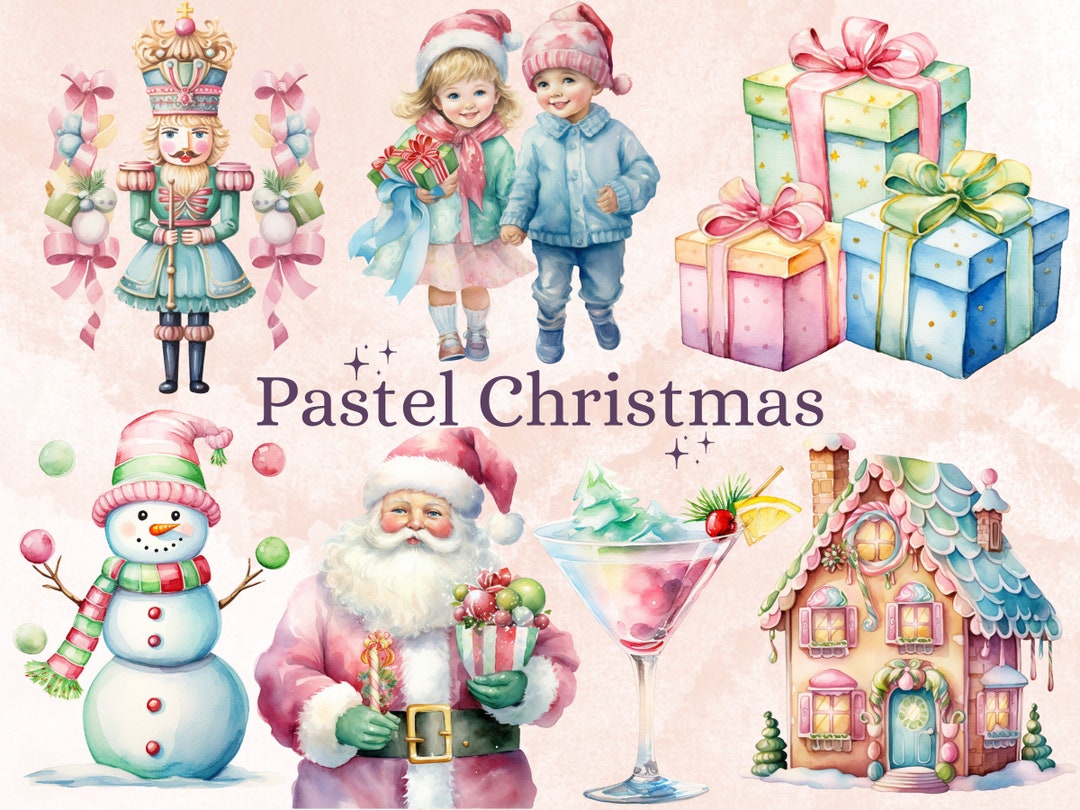 45 PNG Watercolour Pastel Christmas Bundle Clipart, Pink Blue Christmas ...