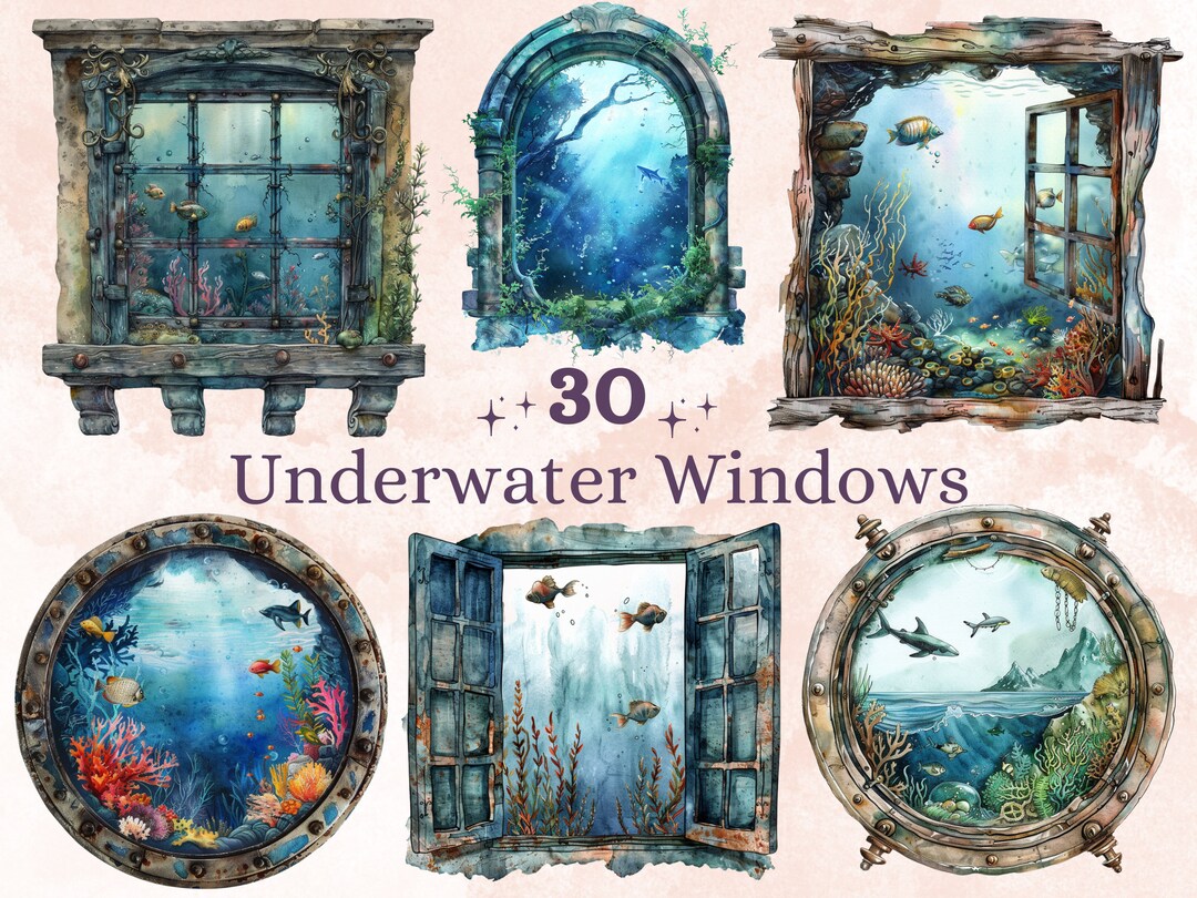 30 PNG Watercolor Under the Sea Window Clipart, Ocean Window Clip Art ...