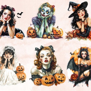 25 PNG Watercolor Vintage Halloween Pin up Girls Clipart, Retro ...