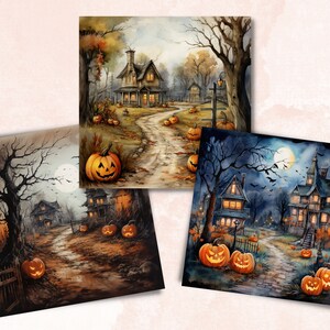 Printable Halloween Landscape Digital Paper, Watercolor Halloween ...