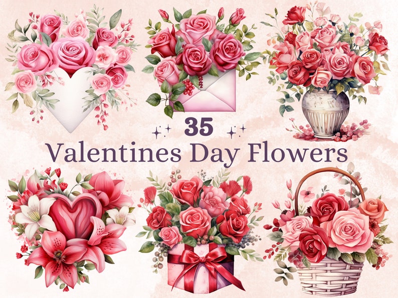 35 PNG Watercolor Valentine's Day Flowers Clipart, Floral Valentines ...