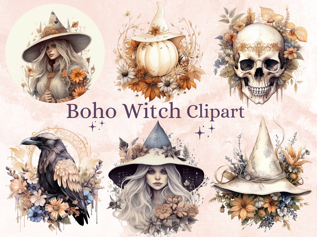 34 PNG Watercolor Boho Witch Clipart, Bohemian Witchcraft Clip Art ...