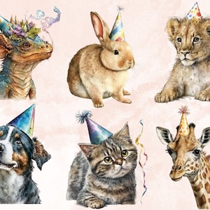 28 PNG Watercolour Birthday Animals Clipart, Funny Birthday Party ...