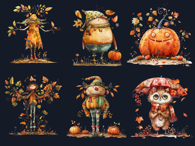 50 PNG Watercolor Quirky Autumn Bundle Clipart, Whimsical Fall Girl ...
