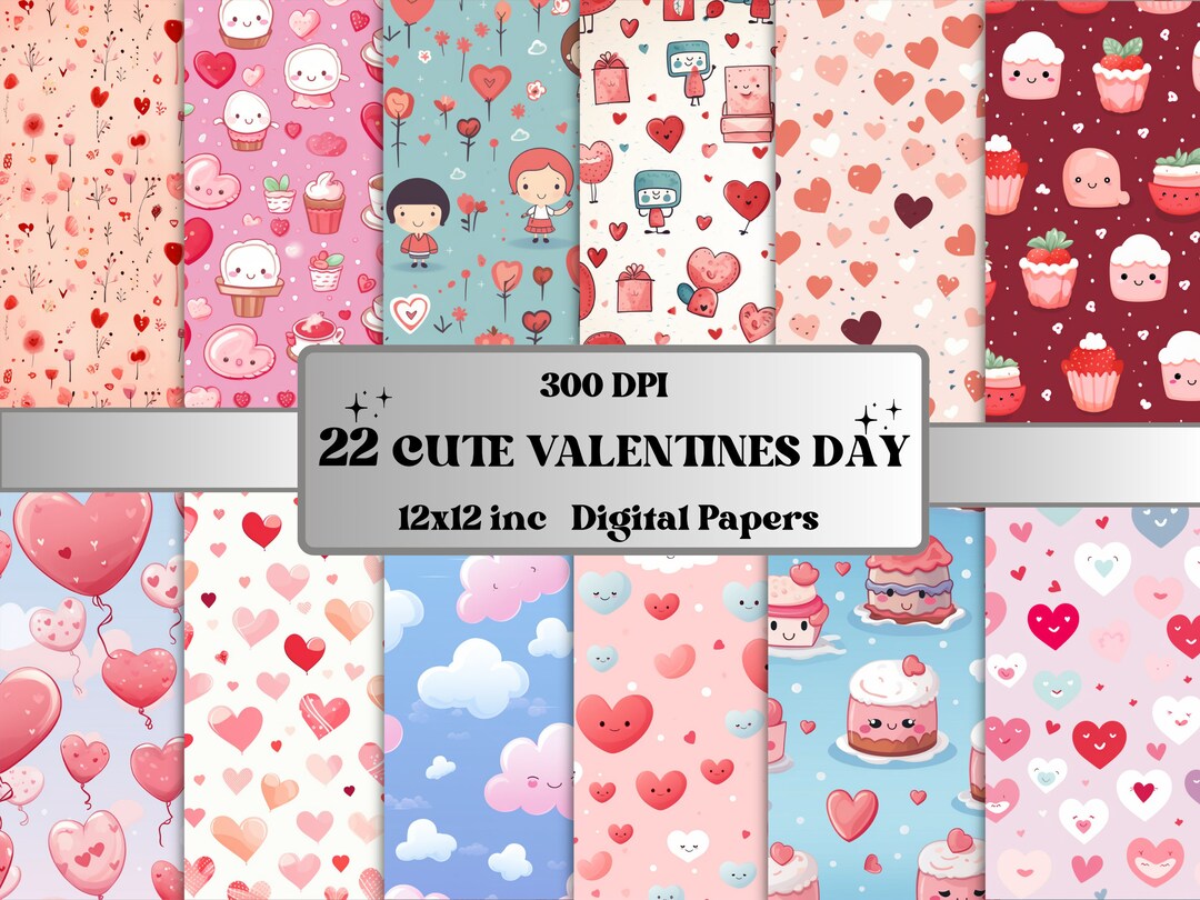 Printable Cute Valentine's Day Digital Paper, Romantic Kawaii Valentine ...