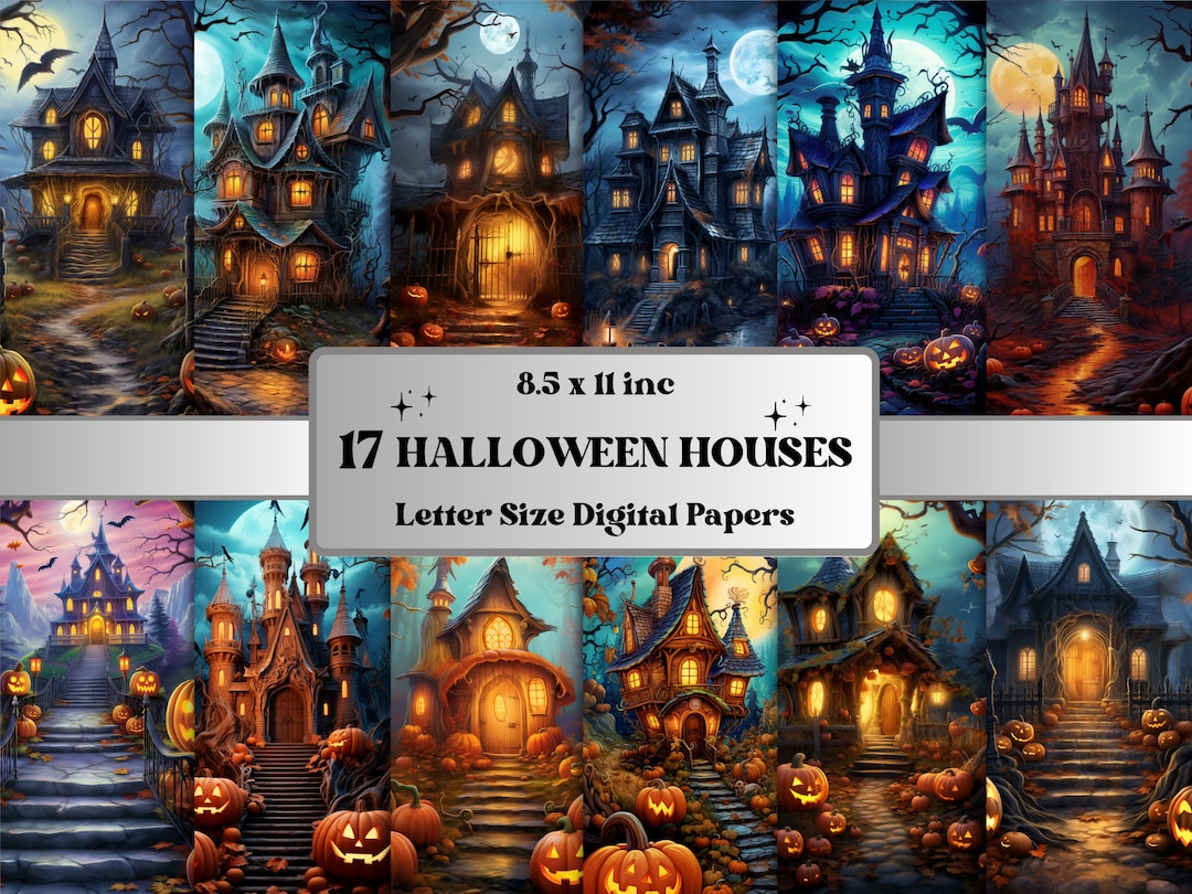 Printable Halloween Gothic Houses Digital Paper, Haunted Mansion ...