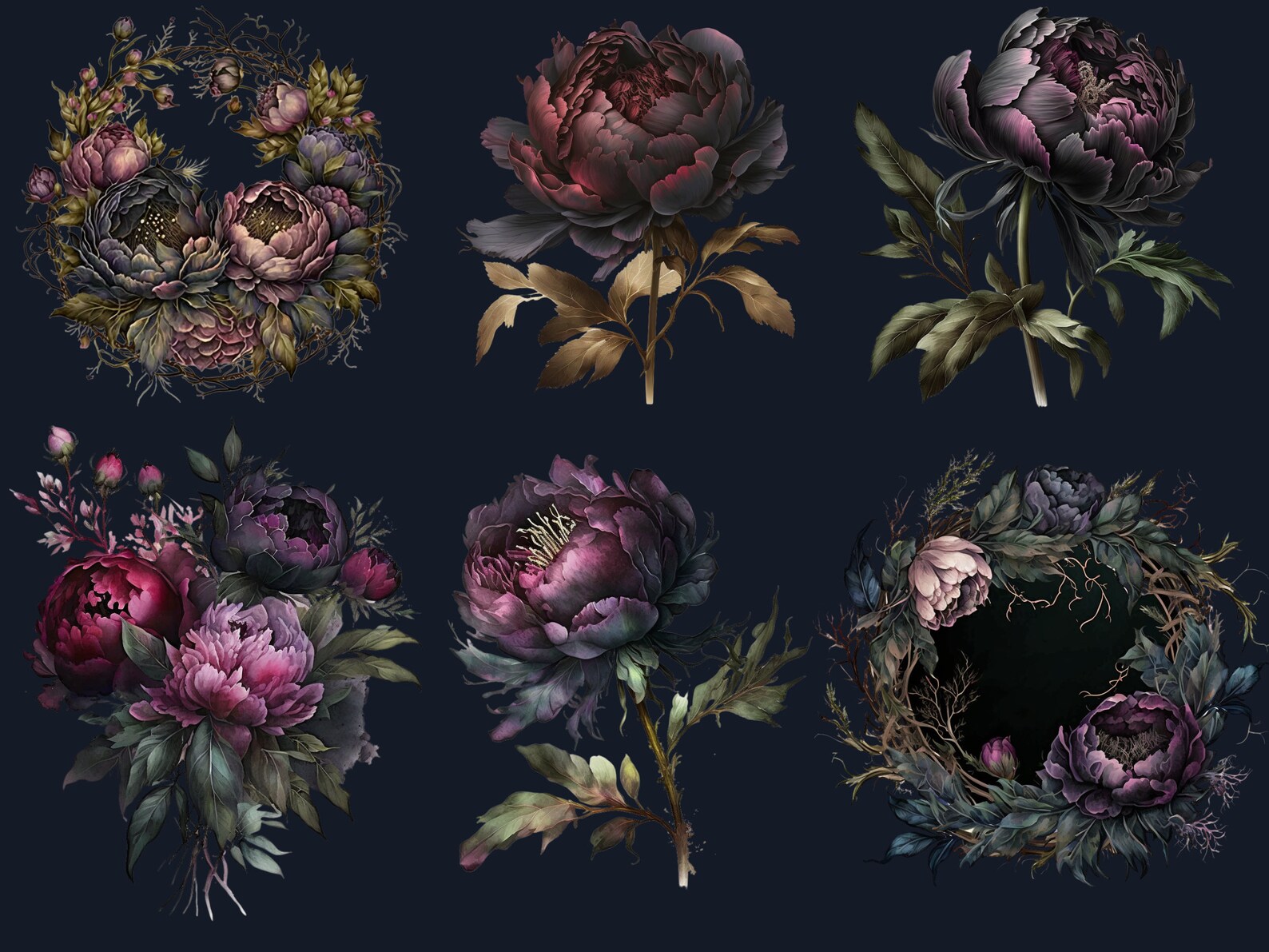 23 PNG Watercolour Gothic Peonies Clipart, Gothic Peony Clip Art Bundle ...