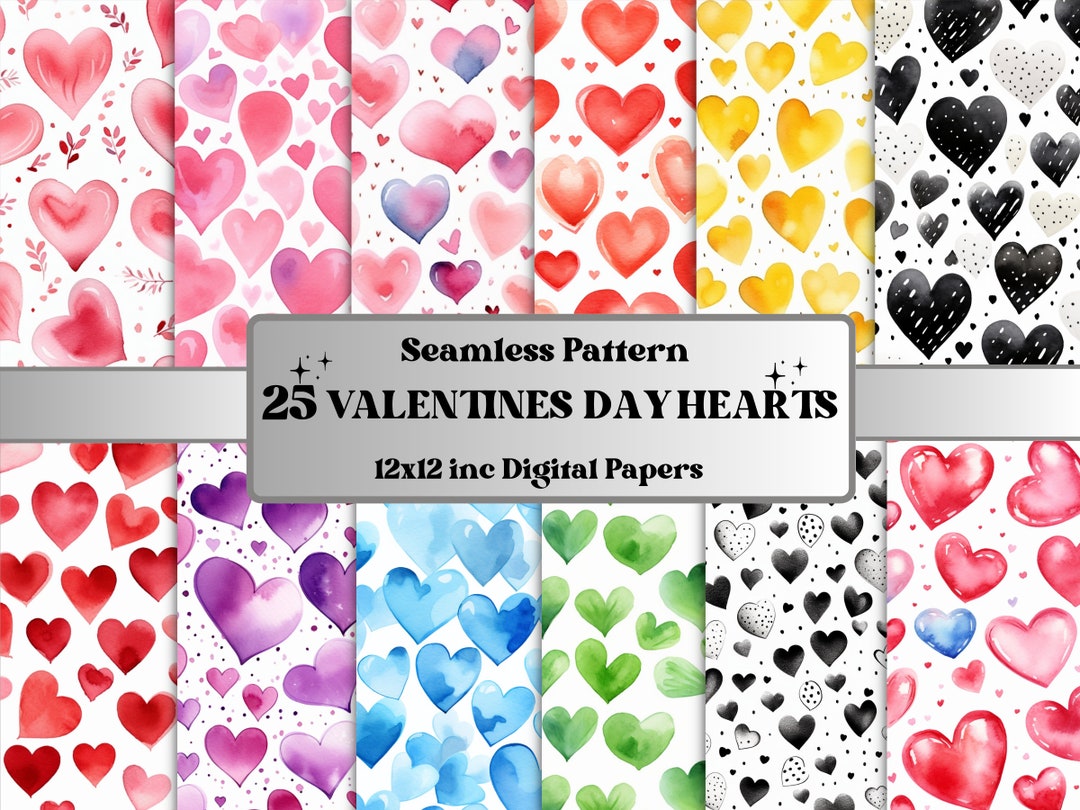 Seamless Watercolor Valentine's Day Heart Digital Paper, Romantic ...