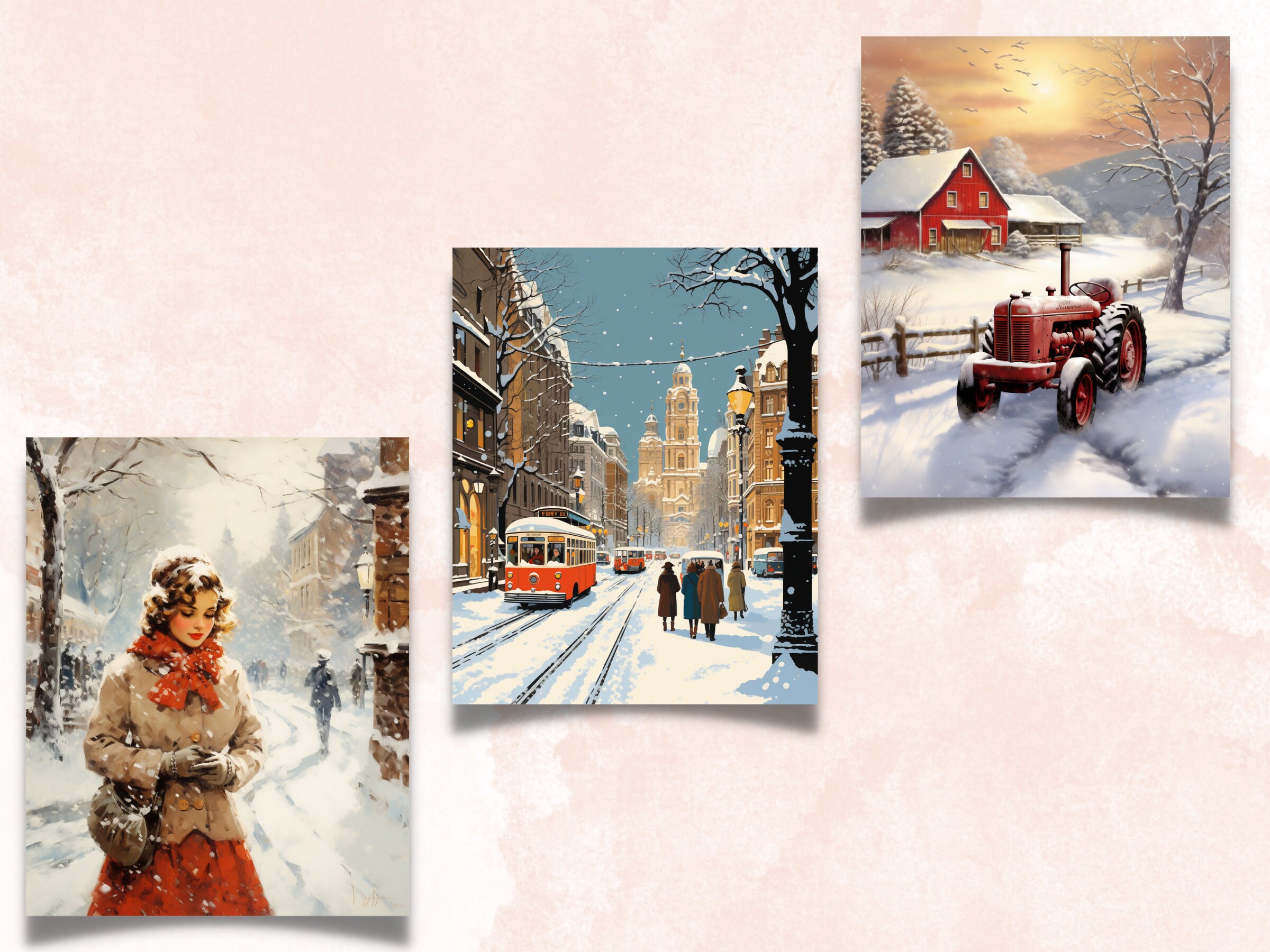 Printable Vintage Winter Digital Paper, Retro Winter Scenes Background ...