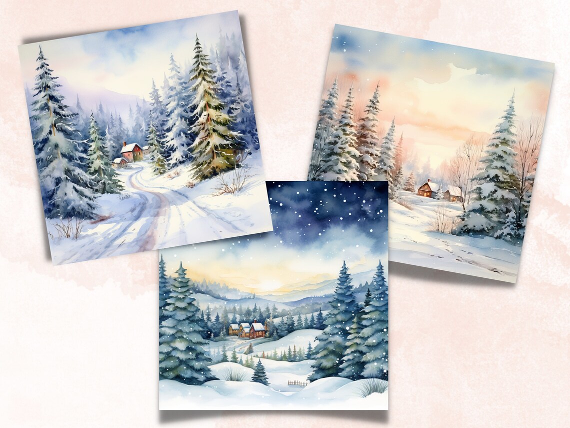Printable Watercolor Christmas Landscape Digital Paper, Christmas ...