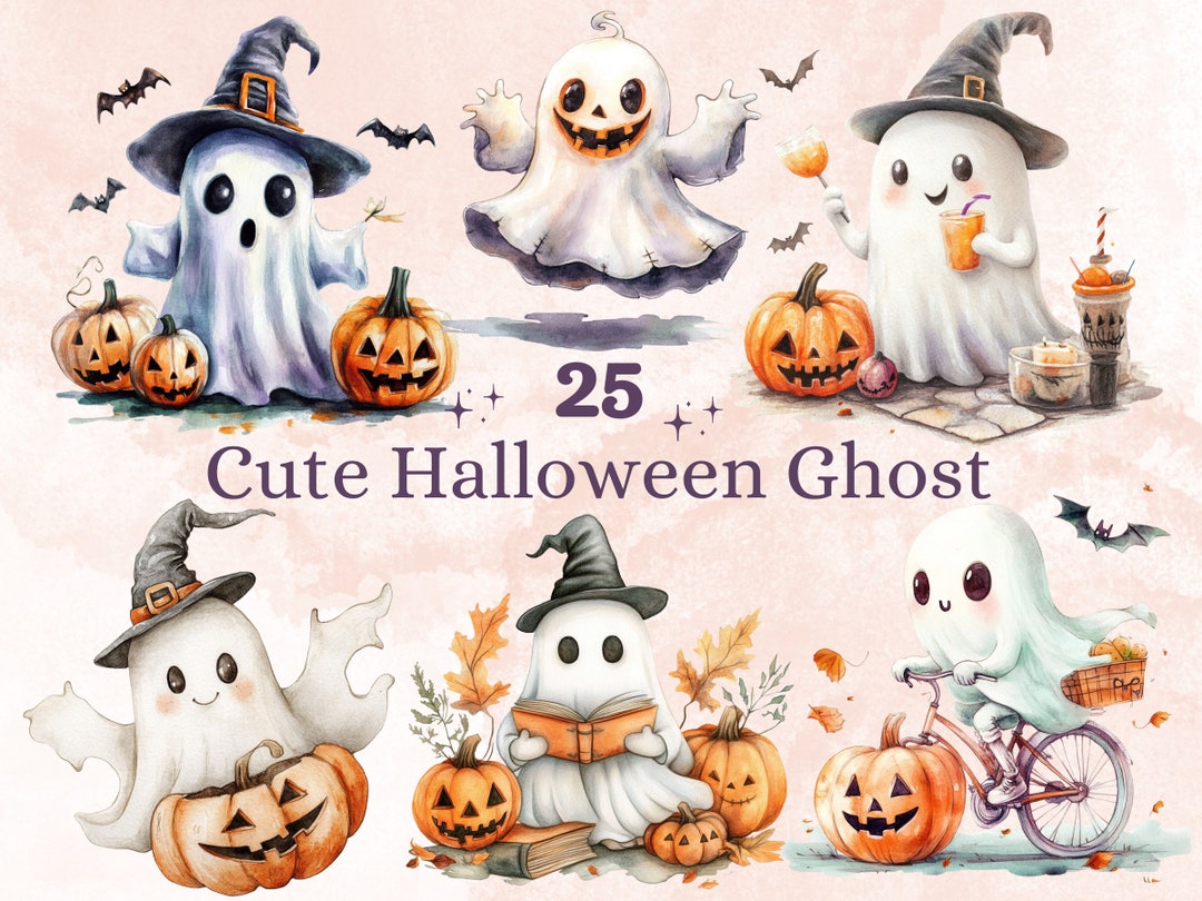 25 PNG Watercolor Cute Halloween Ghost Clipart, Kawaii Pumpkin ...