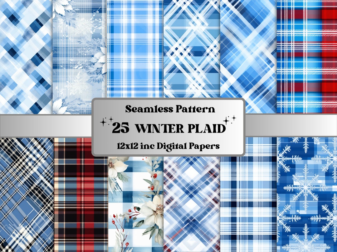 Seamless Winter Plaid Digital Paper Pack, Snowy Buffalo Plaid Repeating ...