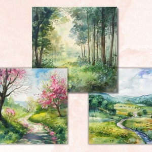 Printable Watercolor Spring Landscapes Digital Paper, Spring Woodland ...