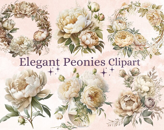White Peony Clipart Bundle, Watercolor White Flower Clipart, Peony PNG ...