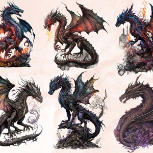 22 PNG Watercolour Gothic Dragons Clipart, Dark Fantasy Black Dragon ...