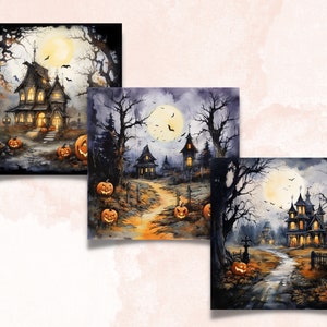 Printable Halloween Landscape Digital Paper, Watercolor Halloween ...